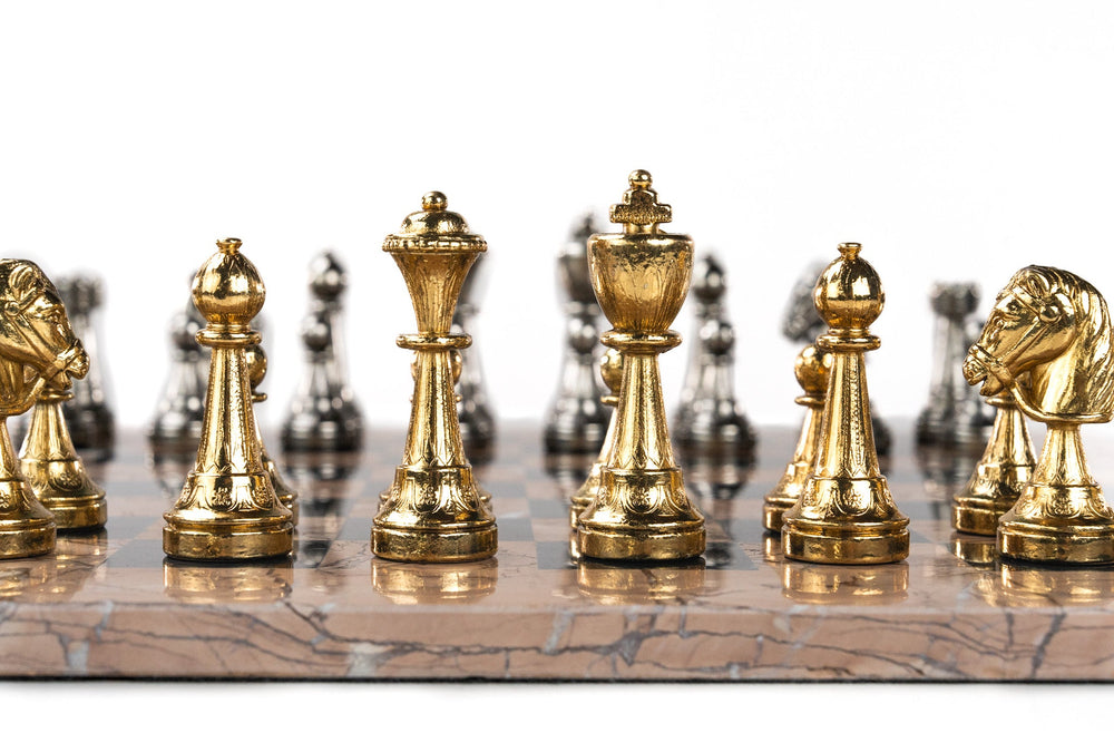 16" Marina and Black Chess Board with Metal Florentine Pieces