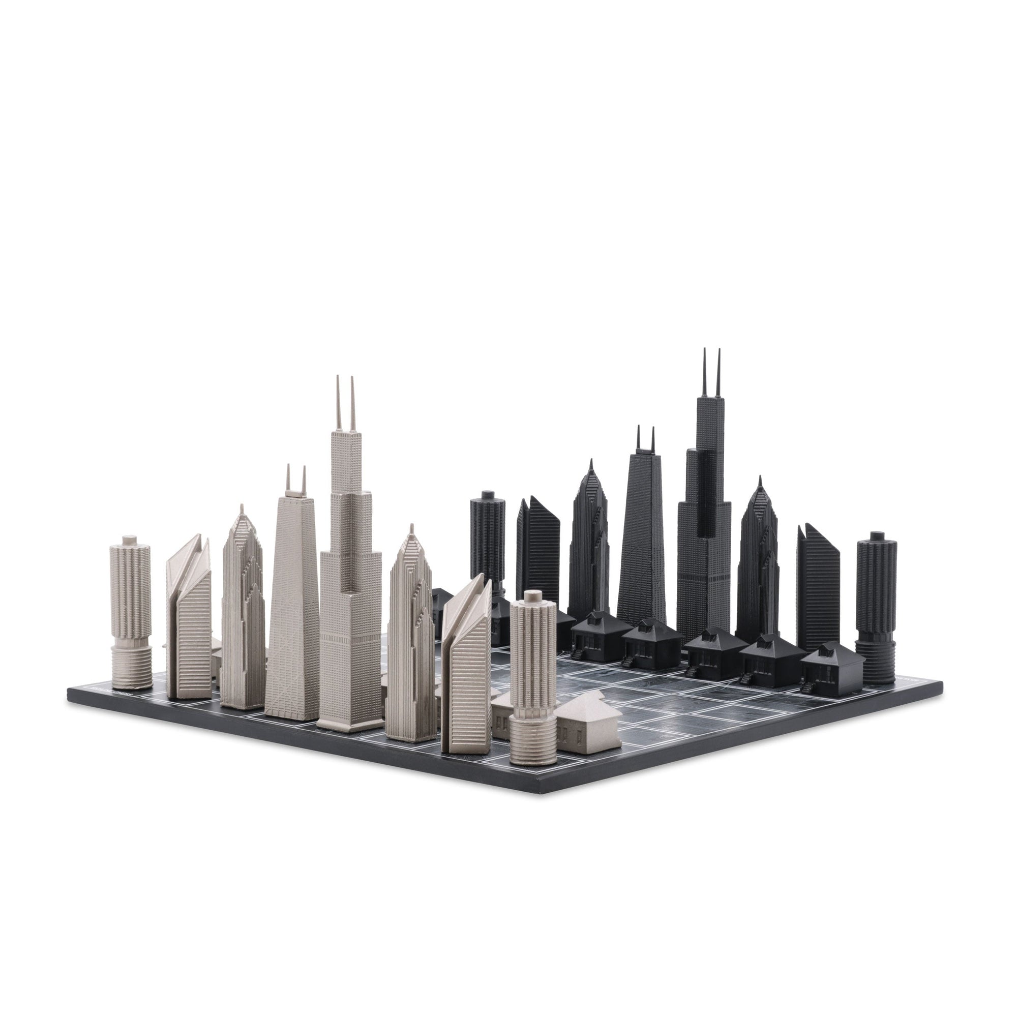 Chess Set Stainless Steel CHICAGO Edition with Chicago Wood Map Board