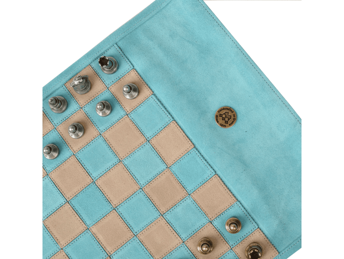 Handcrafted Suede Leather Roll-Up Chess Set with Metal Chessmen - 15"