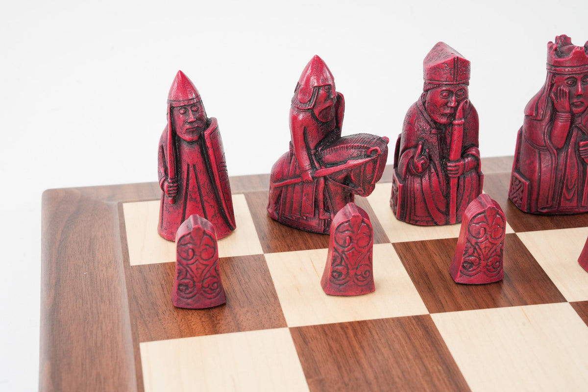 Red Isle of Lewis Chess Set with Hardwood Chess Board and Storage