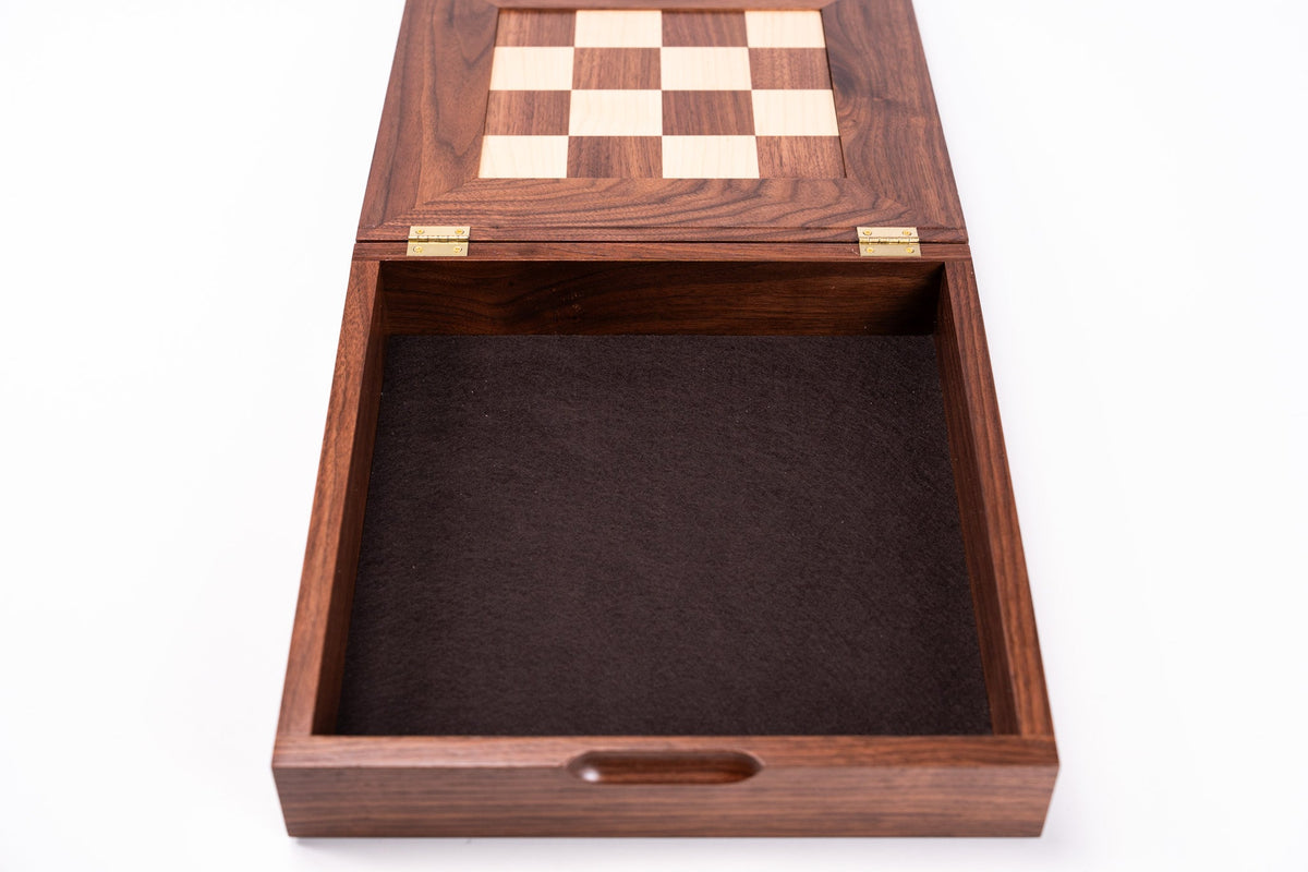 Walnut Maple Premium Hardwood Chess Box with Inset Minichess Board