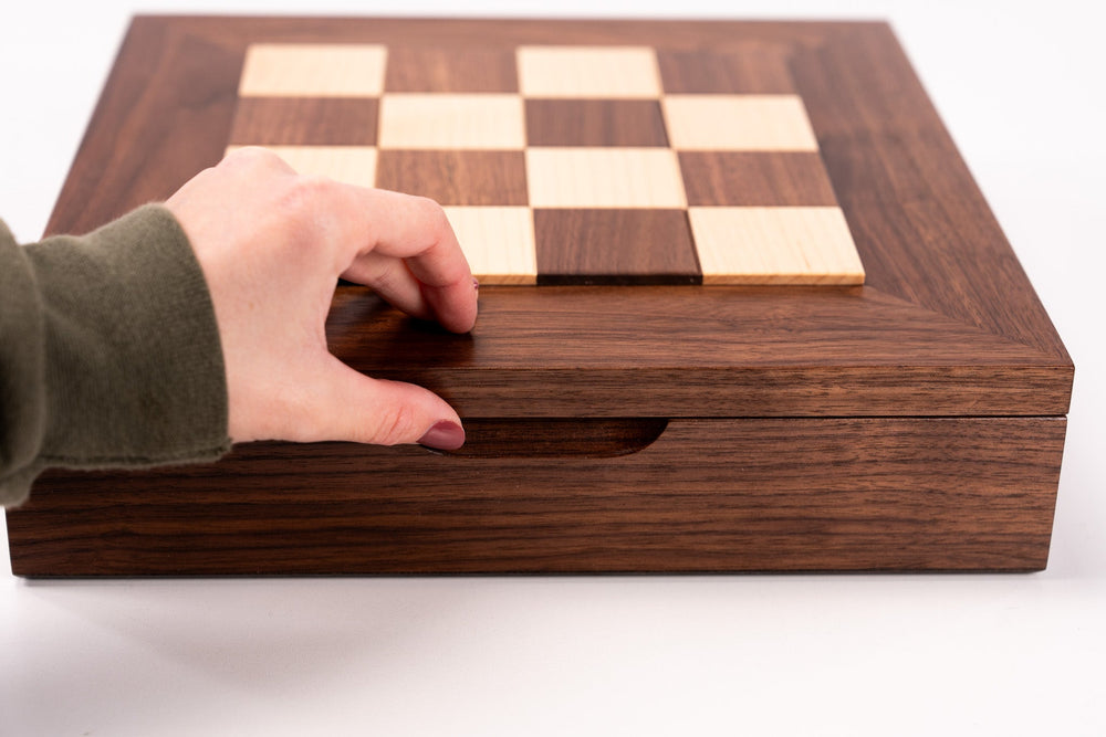 Walnut Maple Premium Hardwood Chess Box with Inset Minichess Board