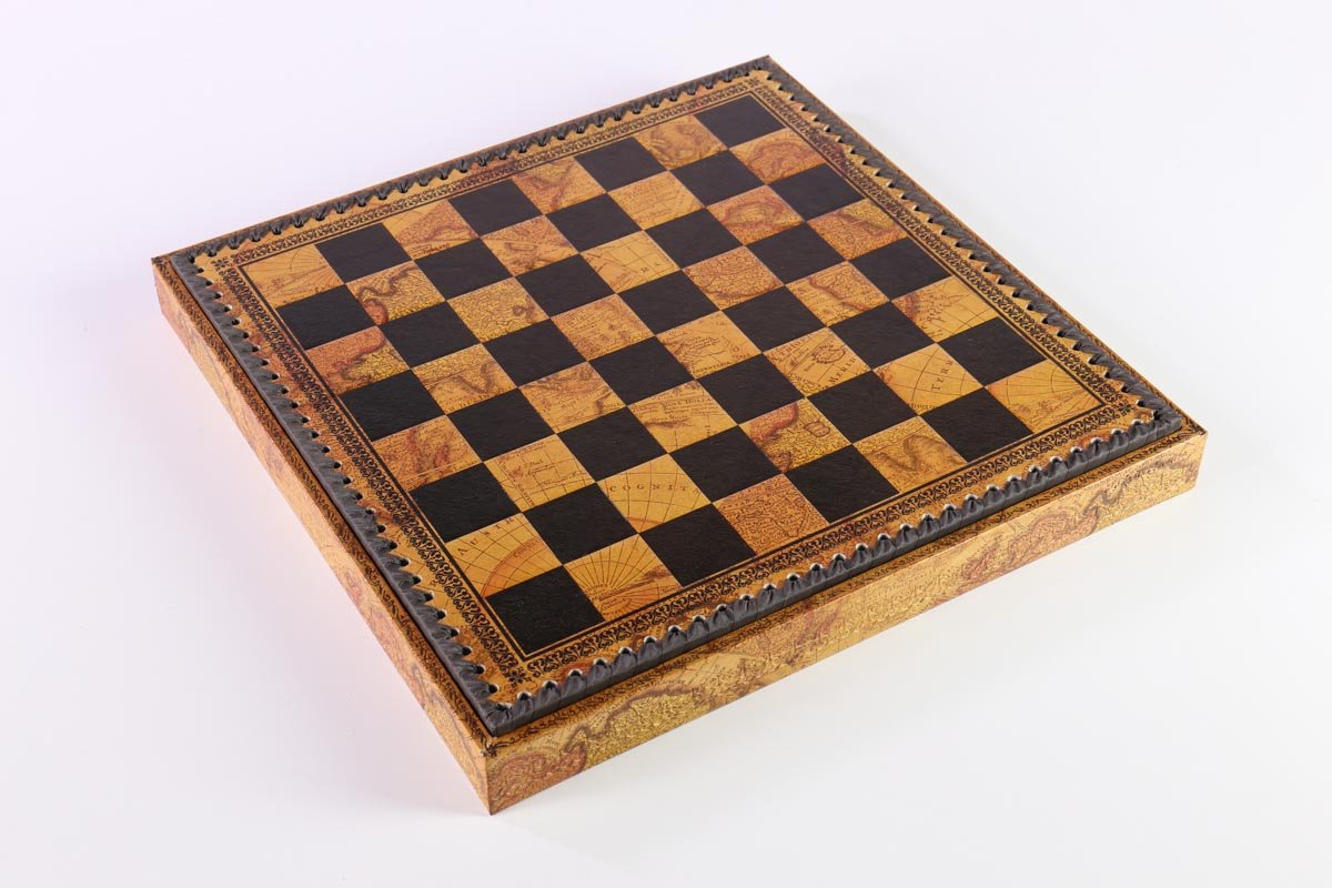 13 3/4" Map Themed Leatherette Cabinet Chess Board