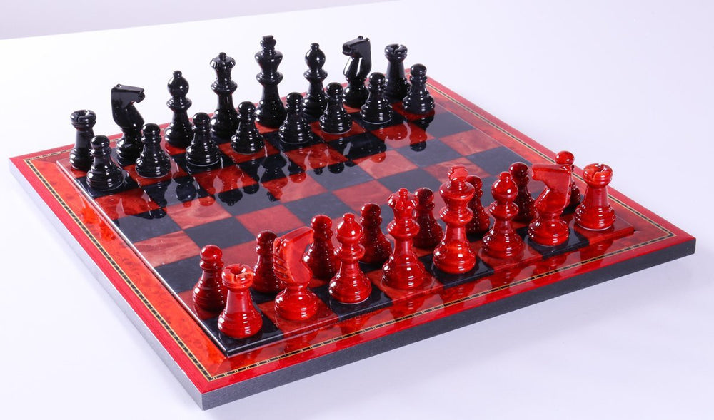 Black and Red Alabaster Chess Set with Wood Frame