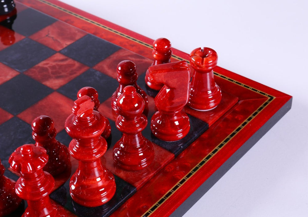 Black and Red Alabaster Chess Set with Wood Frame