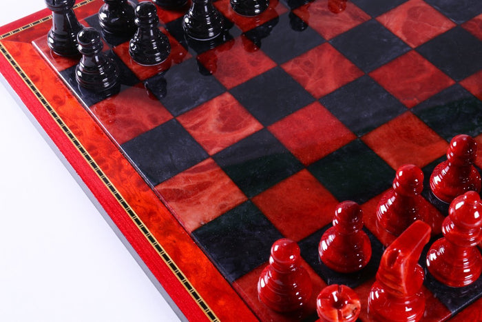 Black and Red Alabaster Chess Set with Wood Frame