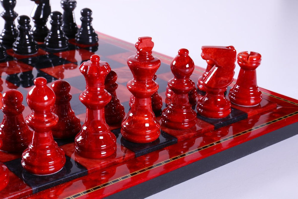Black and Red Alabaster Chess Set with Wood Frame