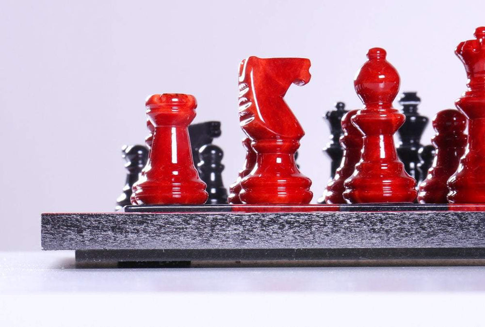 Black and Red Alabaster Chess Set with Wood Frame