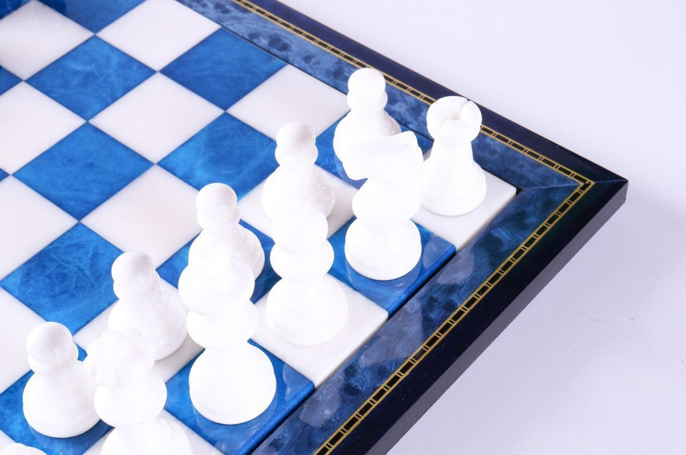 Blue & White Alabaster Chess Set with Wood Frame