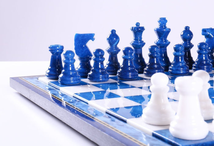 Blue & White Alabaster Chess Set with Wood Frame