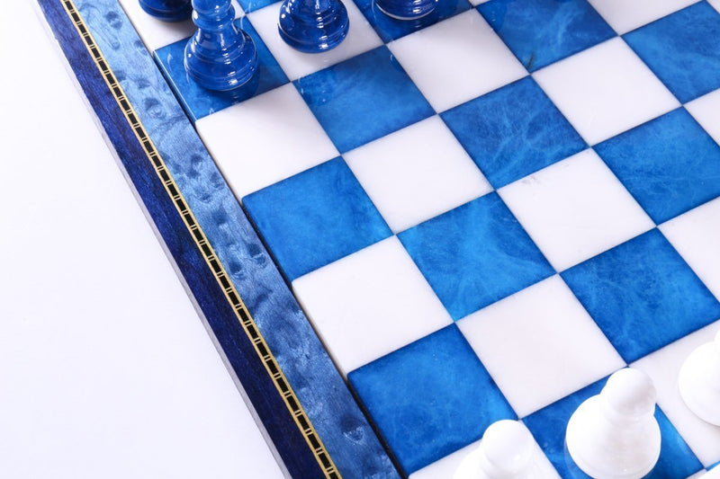 Blue & White Alabaster Chess Set with Wood Frame