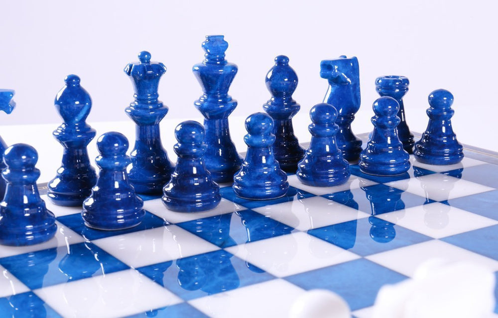 Blue & White Alabaster Chess Set with Wood Frame