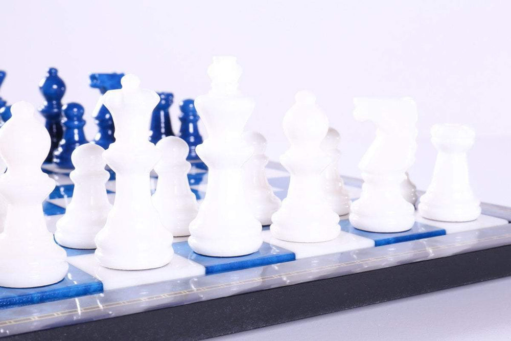 Blue & White Alabaster Chess Set with Wood Frame