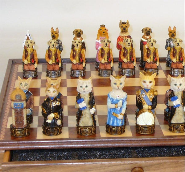 Cats Vs. Dogs Chess Set with Walnut Maple Chest – Chess House