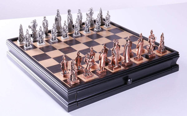 Chinese Qin Chess and Checker Set with Pewter Chessmen and Storage ...