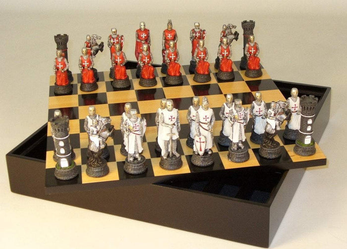 Crusades Chess Set on Black & Maple Chest