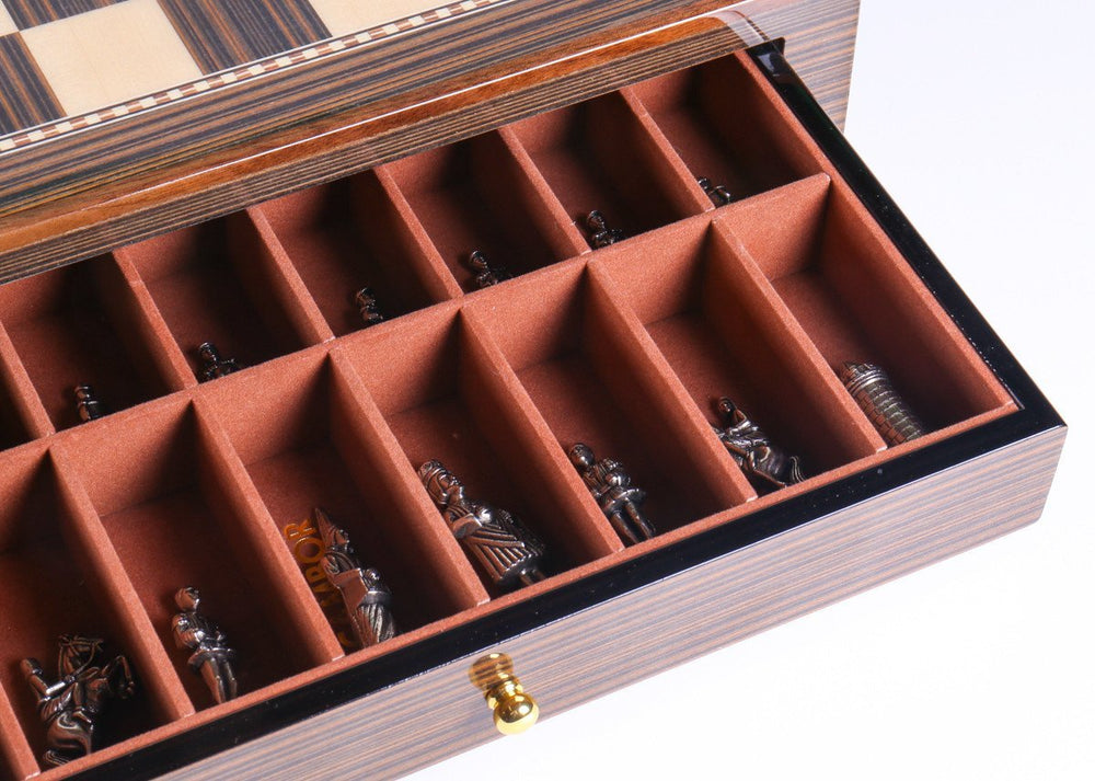 Glossy Storage Board with Metal Pieces Chess Set Combo