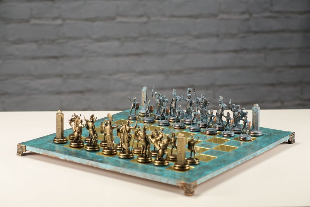 Gold and Antiqued Bronze Greek Mythology Chess Set - 21 1/4"