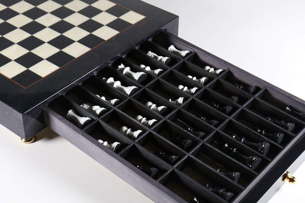 Lacquered Chess Set with Black Briar Wood Storage Board