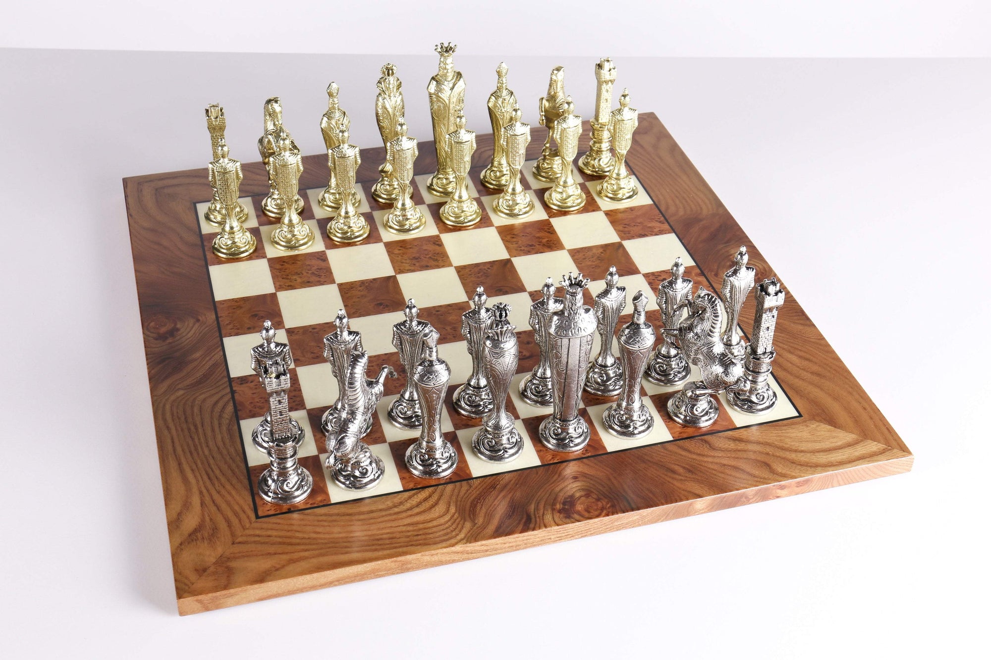 Large Metal Renaissance Chess Set On Elm Briarwood Board