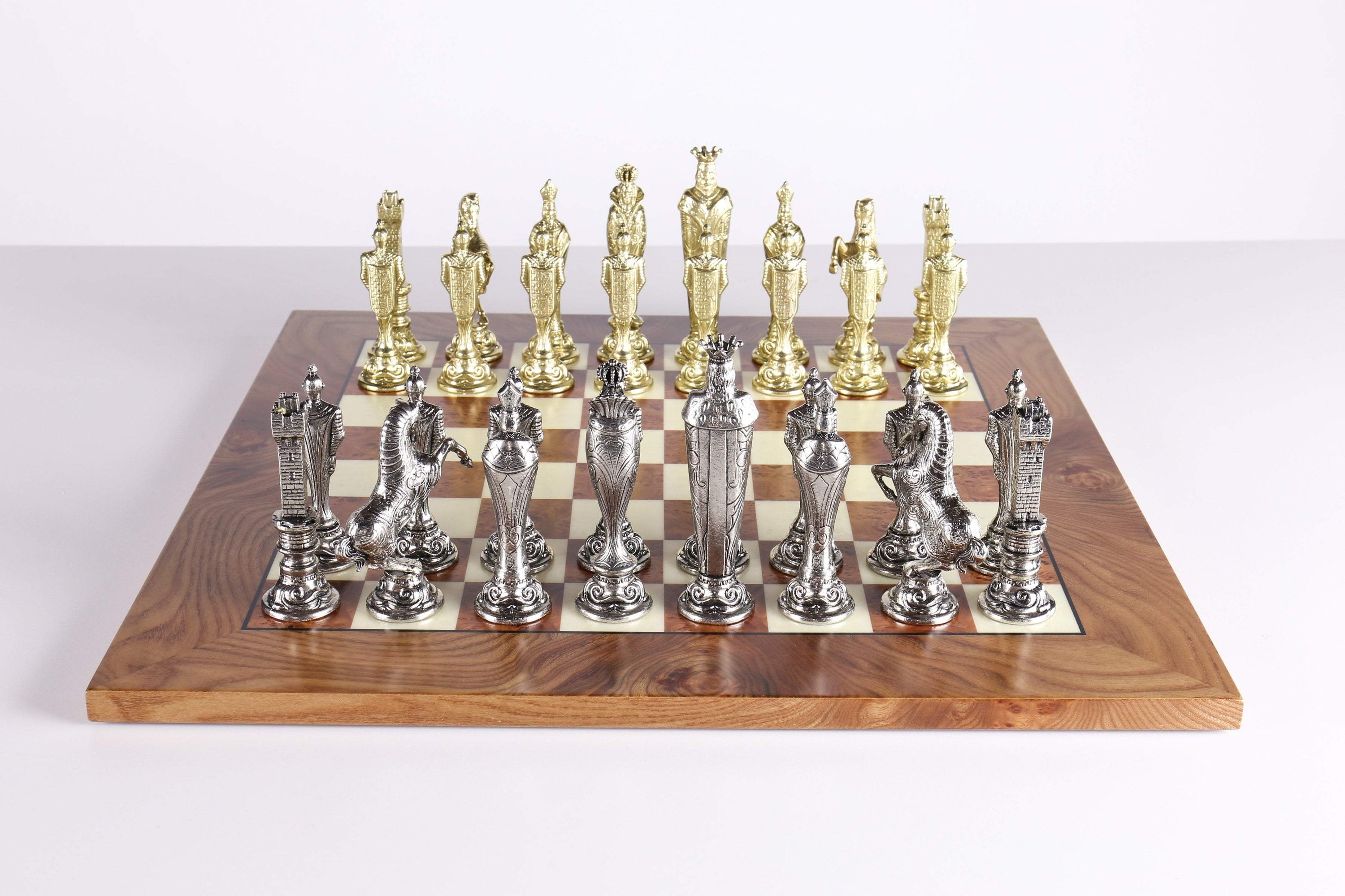 Large Metal Renaissance Chess Set On Elm Briarwood Board