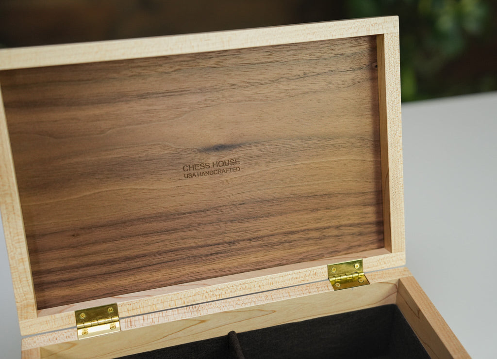 JLP Walnut and Maple Premium Hardwood Chess Piece Box (for standing pi ...